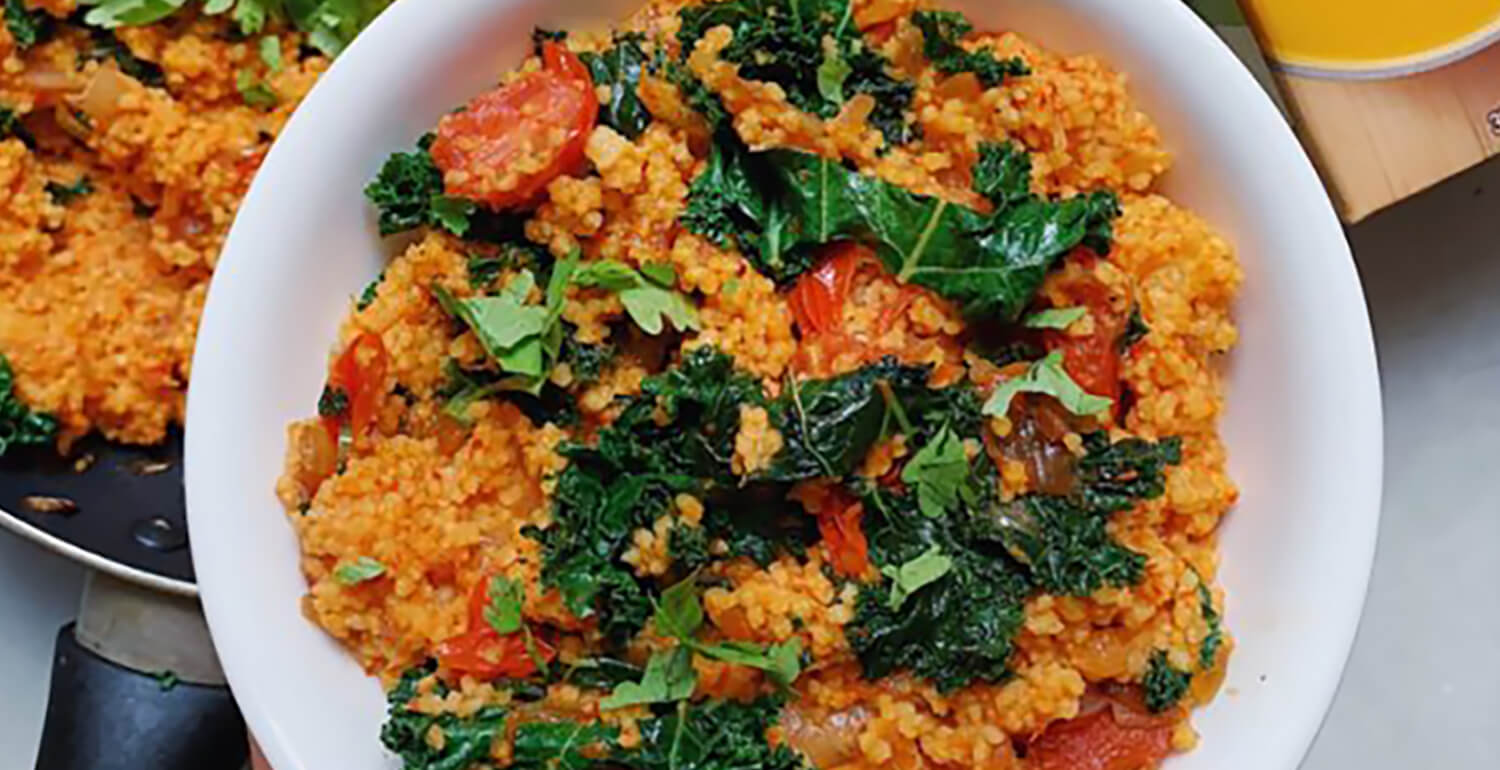 Roasted Red Pepper Couscous with Garlicky Tomatoes, Onions, and Kale ...